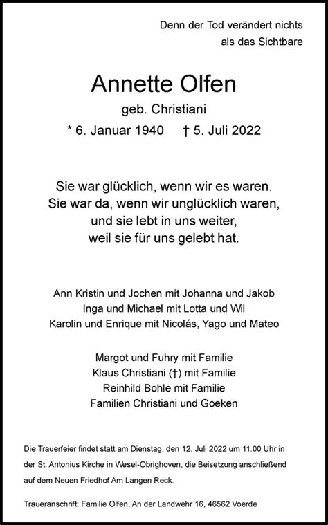Traueranzeigen Von Annette Olfen Trauer In Nrw De