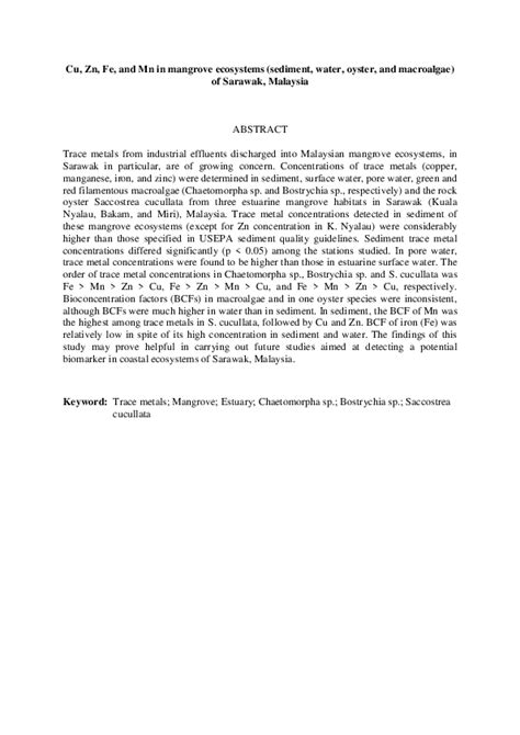 Pdf Cu Zn Fe And Mn In Mangrove Ecosystems Sediment Water Oyster And Macroalgae Of