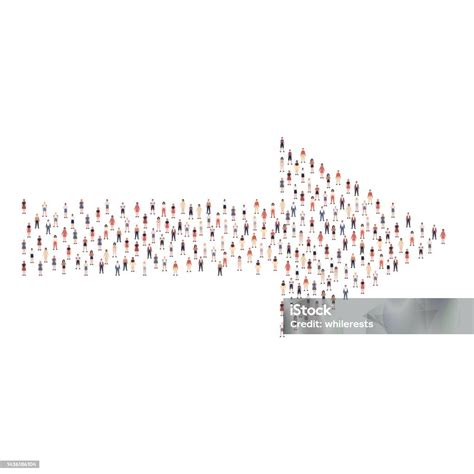 많은 사람들의 실루엣이 흰색 배경에 고립 된 화살표 오른쪽 방향 모양으로 함께 붐비고 있습니다 벡터 일러스트 레이 션 교통 신호