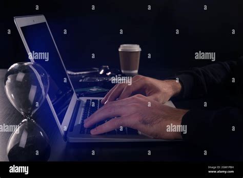 Man Hacking Server In Dark Room Stock Photo Alamy