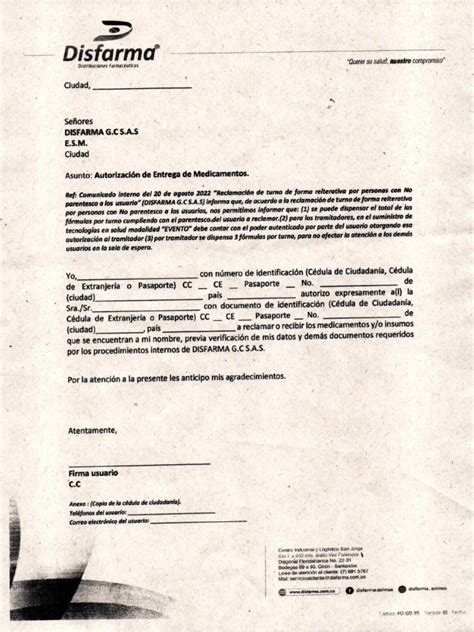Autorización Disfarma Para Entrega De Medicamentos Pdf