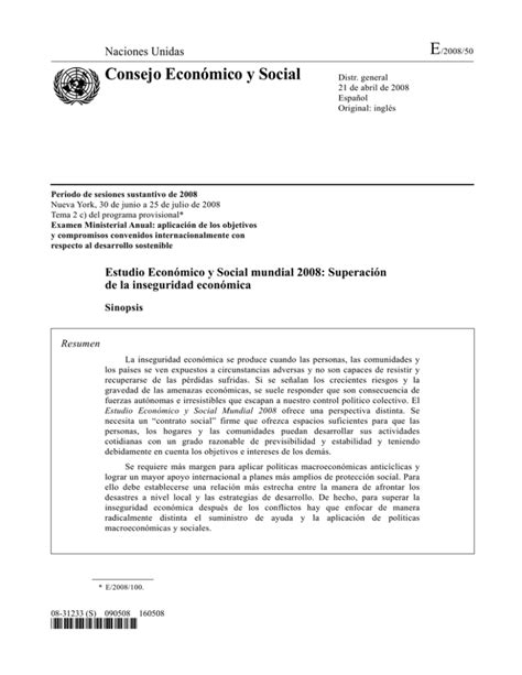 Estudio Econ Mico Y Social Mundial 2008 Superaci N De La Inseguridad