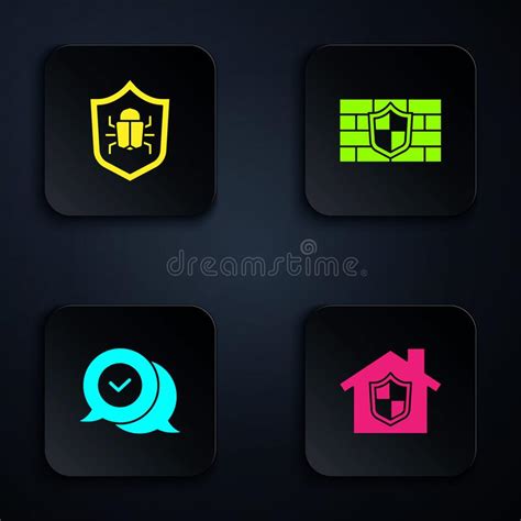 Set House Under Protection System Bug Check Mark In Speech Bubble And Shield With Brick Wall