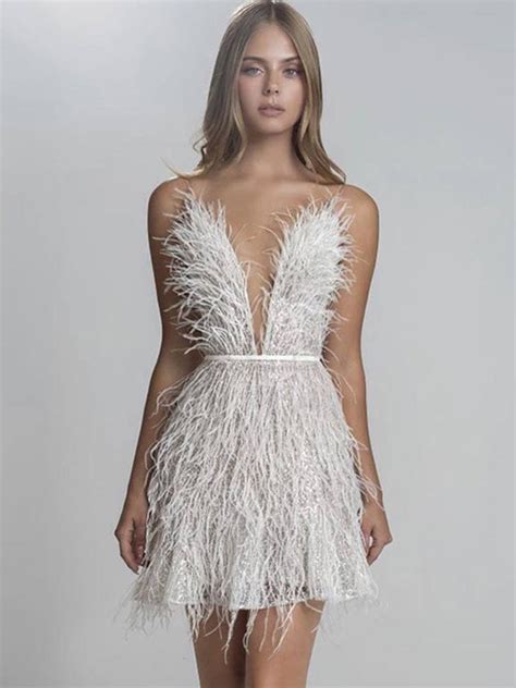 Zjkrl Sexy Feather Spaghetti Strap Dress Women Summer Deep V Neck Fema