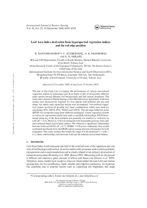 Pdf Leaf Area Index Derivation From Hyperspectral Vegetation Indices And The Red Edge Position