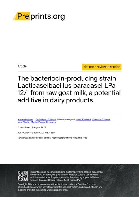 Pdf The Bacteriocin Producing Strain Lacticaseibacillus Paracasei Lpa 12 1 From Raw Goat Milk