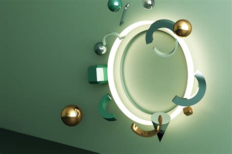 제품 디자인 3d 렌더링 3d 일러스트레이션을 위한 녹색 포디움으로 기하학적 모양의 골드와 유리 질감의 구성을 모의 0명에 대한