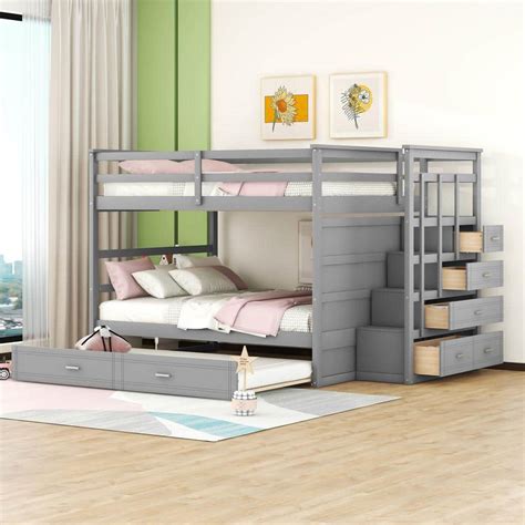 Polibi Gray Full Over Full Bunk Bed With Twin Size Trundle And
