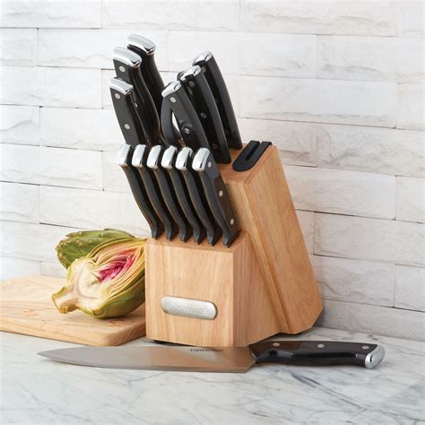 Farberware 14 Piece Gray Knife Block Set High Carbon Stainless Steel Blades Triple Riveted