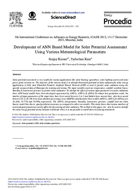 Pdf Development Of Ann Based Model For Solar Potential Assessment Using Various Meteorological