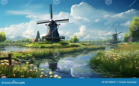 Dutch Windmills Green Fields Canals Tulips Digital Art010 Stock Illustration Illustration Of