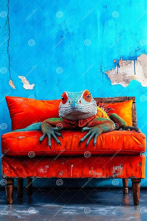 A Colorful Lizard Sitting On Top Of An Orange Couch Stock Image Image