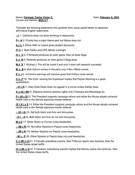 Logic Quiz 2 Business Logic Name Caringal Carlos Victor C Date