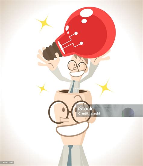 거 대 한 맨에서 사업가 큰 아이디어 전구를 들고 머리를 연의 개념에 대한 스톡 벡터 아트 및 기타 이미지 개념 거인