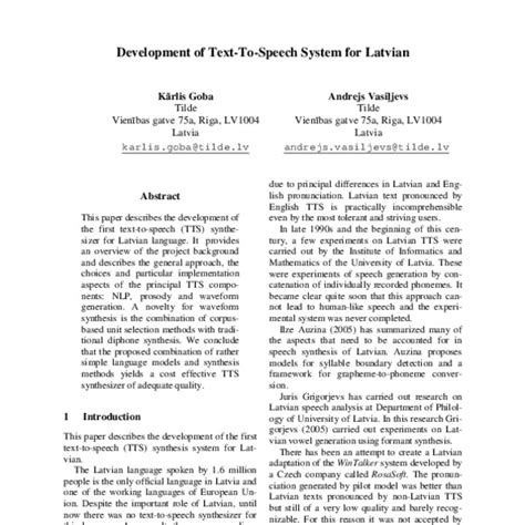Development Of Text To Speech System For Latvian Acl Anthology
