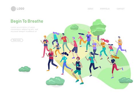 실행 그룹 사람들과 방문 페이지 템플릿 사람들 운동을하고 남자 일몰에 실행 커플 치유 생활 개념 스포츠 야외 활동을 수행하는 사람들 만화 Html에 대한 스톡 벡터 아트 및