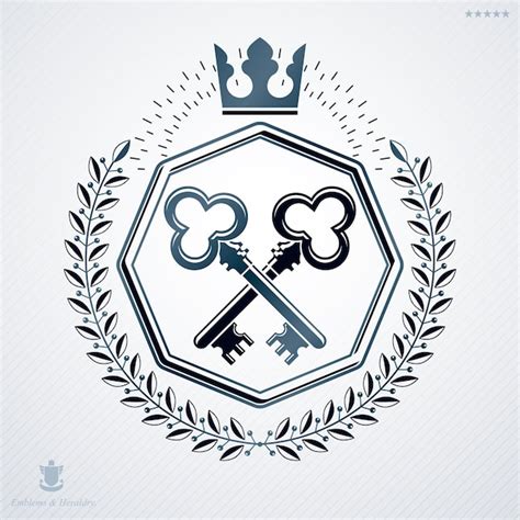 Heraldic Coat Of Arms 장식 엠블럼 황실 왕관 및 보안 키의 벡터 그림 프리미엄 벡터