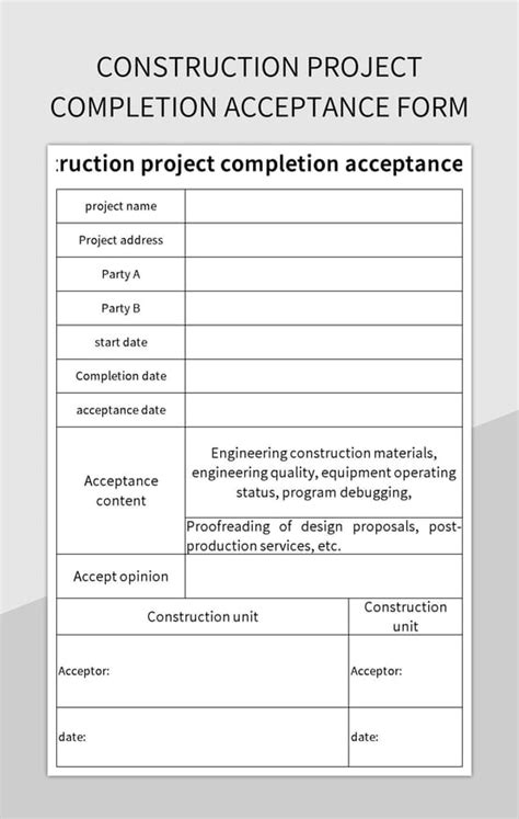 Construction Project Completion Acceptance Form Excel Template And
