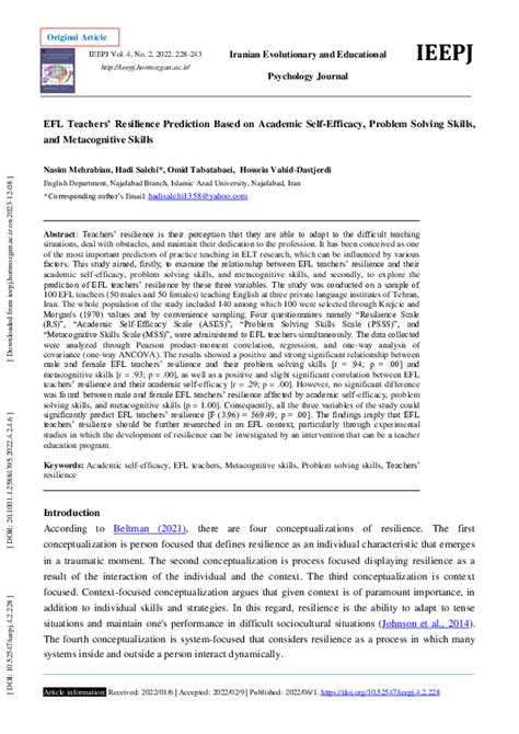 Pdf Efl Teachers Resilience Prediction Based On Academic Self Efficacy Problem Solving
