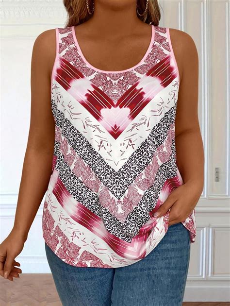 Emery Rose Plus Size Womens Vintage Striped And Plant Printed Loose Fit