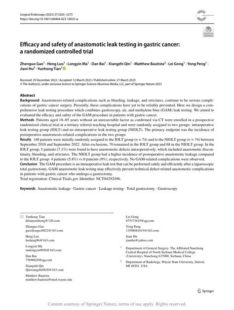 Efficacy And Safety Of Anastomotic Leak Testing In Gastric Cancer A