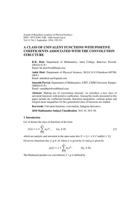 Pdf A Class Of Univalent Functions With Positive Coefficients