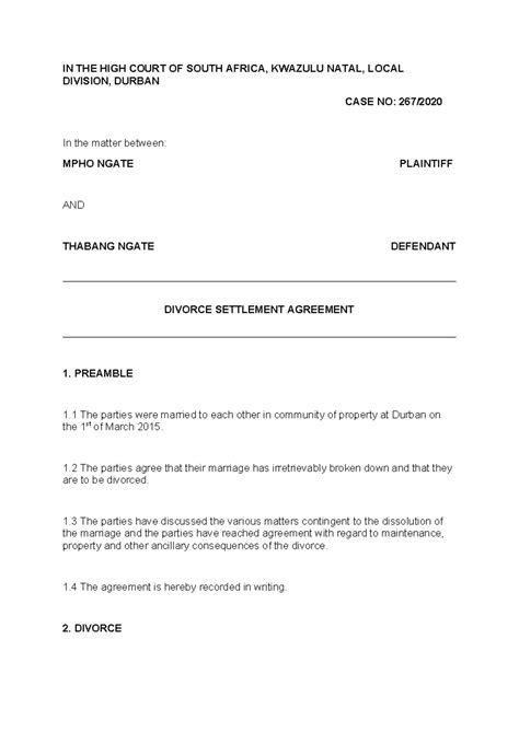 Divorce Settlement Order In The High Court Of South Africa Kwazulu