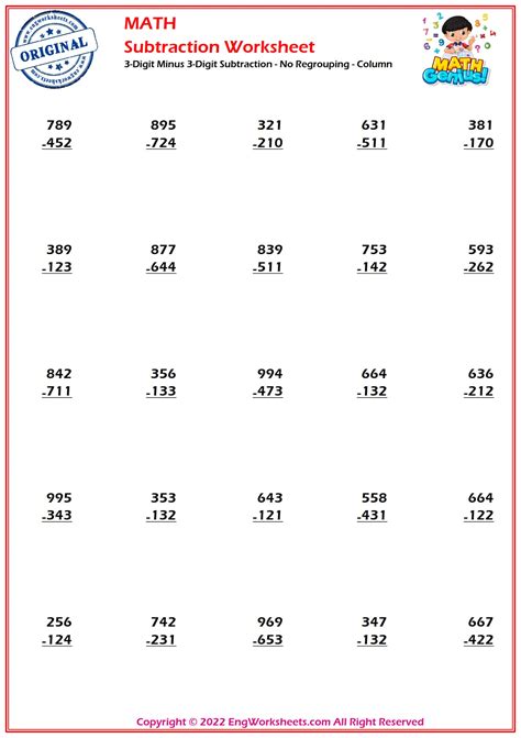 3 Digit Subtraction No Regrouping Worksheets And Exercise Worksheets Library