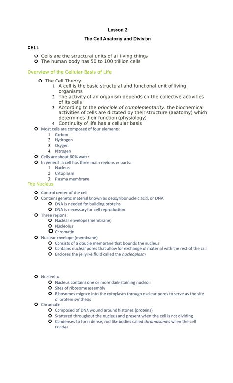 Cell Structure Lecture Notes Lesson 2 The Cell Anatomy And Division