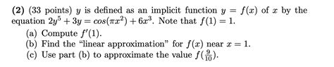 solved 2 33 points y is defined as an implicit