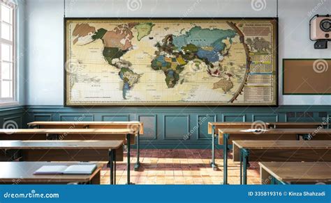 A Tidy Classroom With A Large Map Of The World Hanging On The Wall