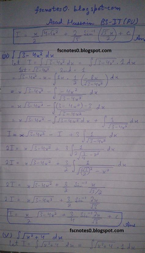 Fsc Ics Notes Math Part 2 Chapter 3 Integration Exercise 34 Question 4