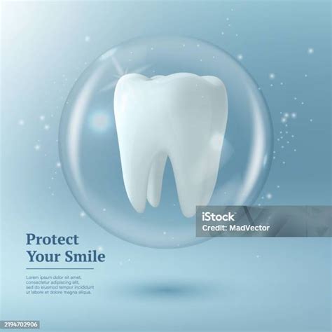당신의 미소를 보호하십시오 벡터 3d 현실적인 치아 에서 에서 보호 거품 고립된 통 와 파란 배경 디자인 템플릿 클립아트 모형 치과 건강 관리 의료 위생 보호 개념 3차원