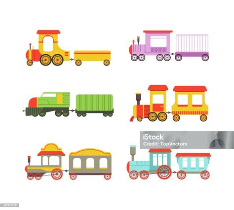 장난감 다채로운 기차 또는 기관차 로 철도 수송 차량 와 왜건 벡터 세트 개체 그룹에 대한 스톡 벡터 아트 및 기타 이미지 개체 그룹 거리 교통 Istock