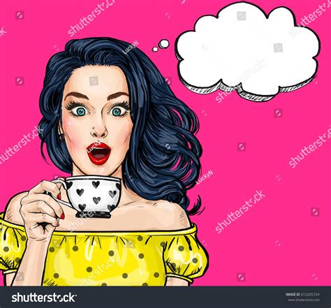 Surprised Pop Art Woman With Coffee Cup Advertising Poster Or Party