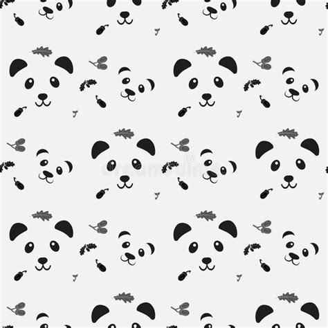 Seamless Pattern With Oak Leaf Acorn And Pandas Vector Illustration