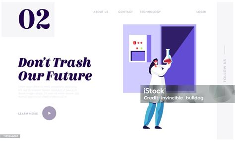 여성 과학자 깨끗 한 환경과 생태 방문 페이지에 실험실에서 쓰레기를 재활용 가비지 이용 서비스 정리 쓰레기 웹 사이트 또는 웹 페이지 편평한 만화 벡터 일러스트 감소에 대한