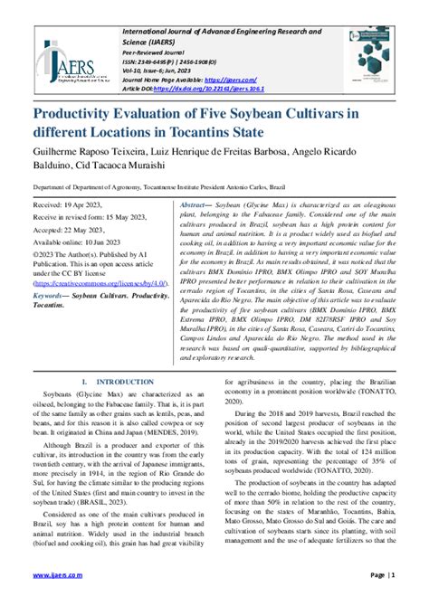Pdf Productivity Evaluation Of Five Soybean Cultivars In Different Locations In Tocantins State