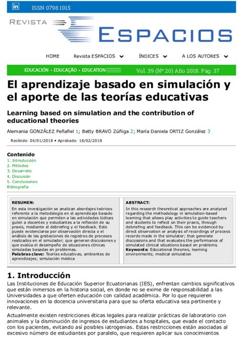Pdf El Aprendizaje Basado En Simulación Y El Aporte De Las Teorías