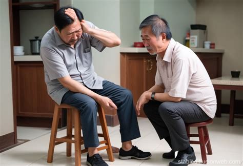 An Asian Uncle Supports A Middle Aged Asian Man With Cerebral