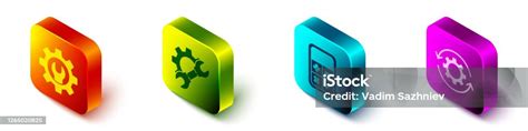 워크플로 아이콘으로 Isometric 렌치 스패너와 기어 렌치 스패너와 기어 계산기와 기어와 화살표를 설정합니다 벡터 교육에