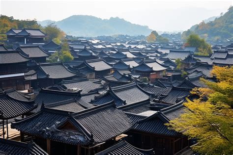 마을은 다양한 유형의 지붕이 있는 건물 위에 있습니다 가을 국내여행 기와지붕 배경 일러스트 및 사진 무료 다운로드 Pngtree