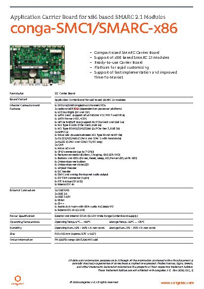 Conga Smc1smarc X86 Datasheet Compact Sized Carrier Board For X86