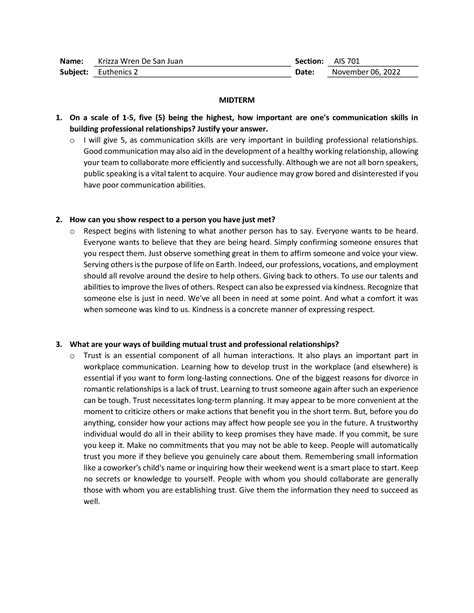 Midterm Euthenics Quiz Name Krizza Wren De San Juan Section Ais 701