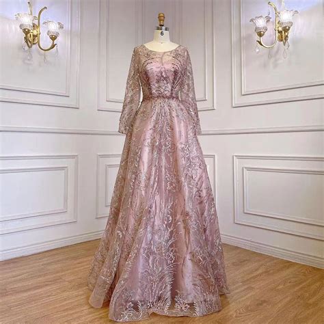 Serene Hill Muslim A Line Pink Luxury Evening Dresses Gowns Lace Bead