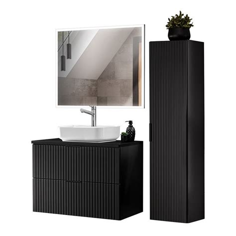 Lomadox Badmöbel Set Adelaide 56 Black Spar Set 3 St Schwarz Mit