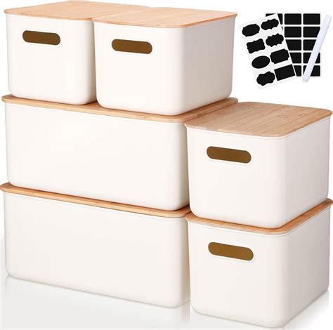 6 Packs Plastic Storage Bins With Bamboo Lids Stackable Storage Containers For Organizing With