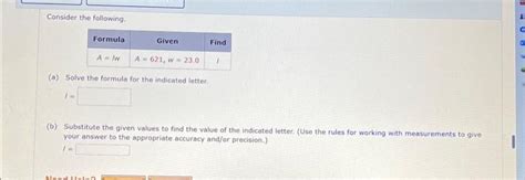 Solved Consider The Following A Solve The Formula For The Chegg