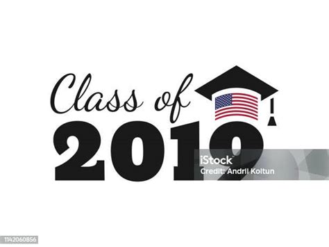 2019의 클래스입니다 미국 국기와 교육 학술 모자와 블랙 넘버 졸업 디자인 고등학교 또는 대학 축 졸업 연감에 대 한 템플릿입니다 벡터 일러스트입니다 0명에 대한 스톡