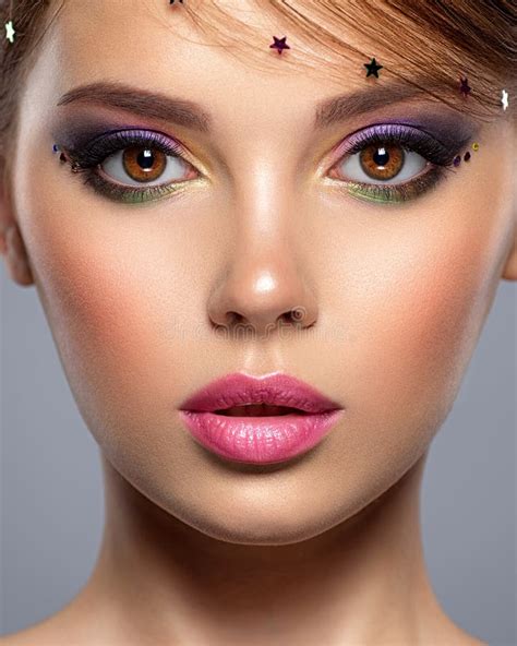 Portrait Of A Beautiful Woman With Bright Makeup Closeup Model Face